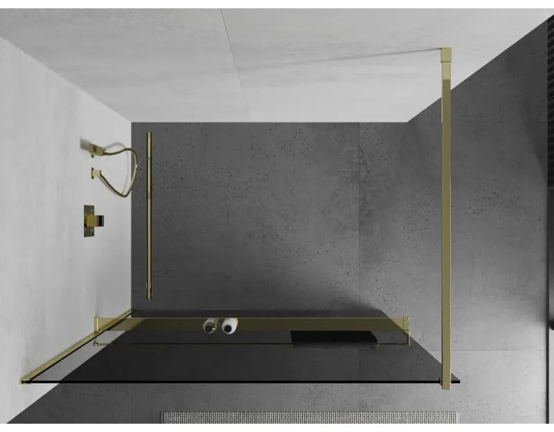 Mexen Kioto+, sprchová zástěna s poličkou a držákem na ručníky 110 x 200 cm, 8mm šedé sklo, zlatý profil, 800-110-121-50-40