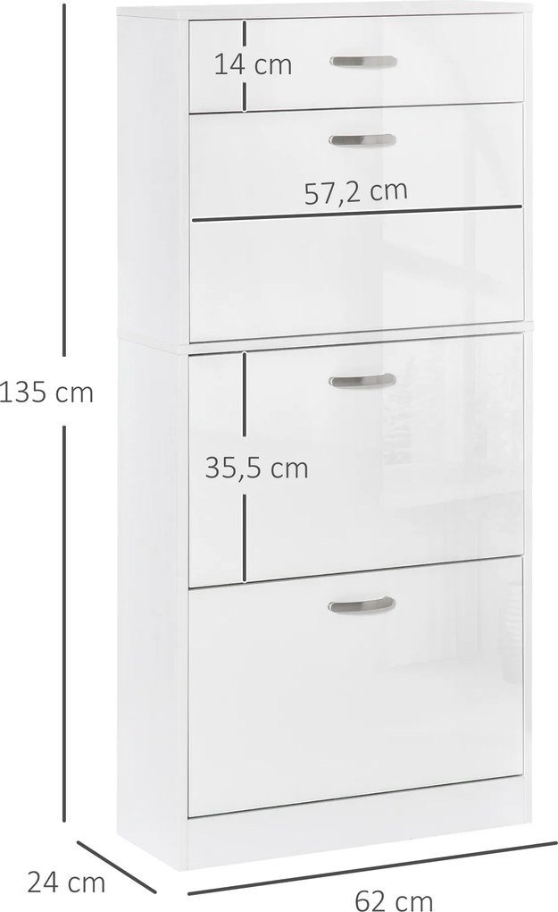 HOMCOM Skříň na boty - 3 skládací dveře a posuvná zásuvka - rozměry 62Š x 24H x 135V cm - hliníkové úchyty. Dřevotříska Bílá