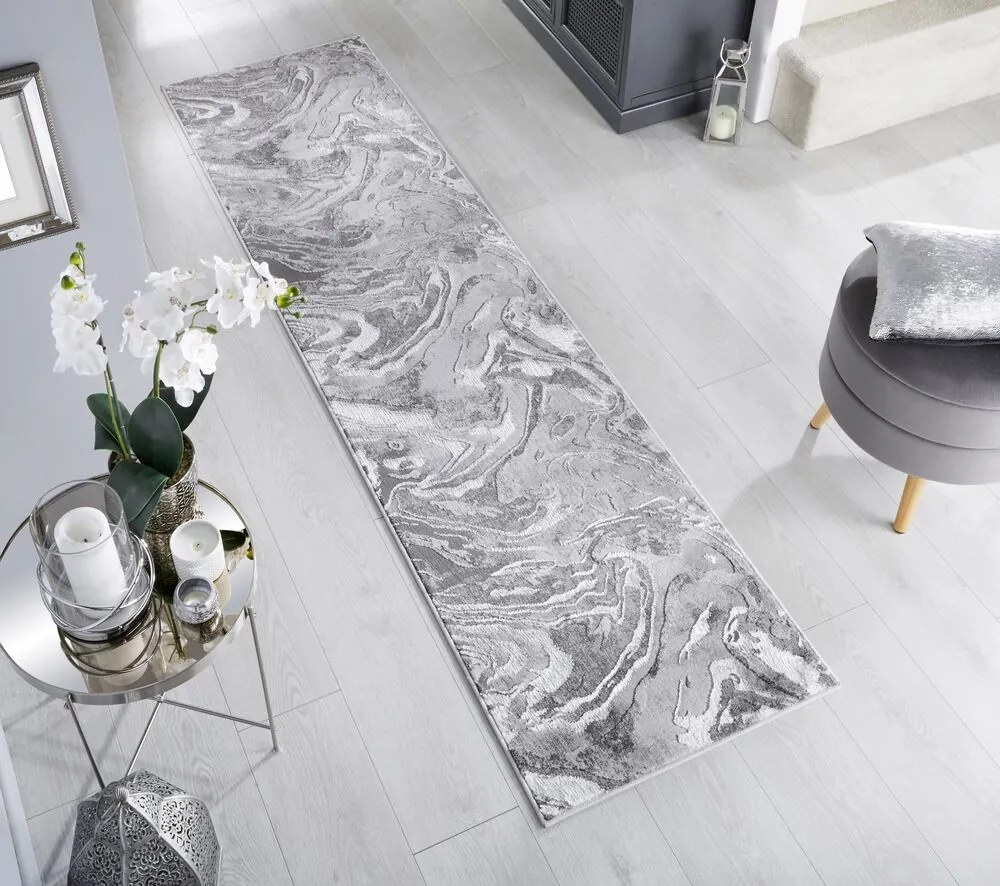 Flair Rugs, Běhoun Eris Marbled Silver, 80x300, šedá, chodba / předsíň