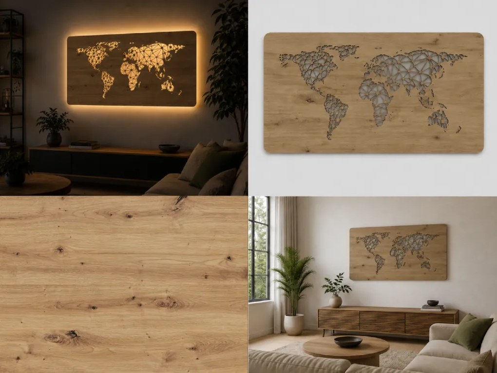 Li-Go "Mapa světa" světelný obraz s baterií a pohybovým čidlem 120x60 cm provedení povrchu: dub světlý