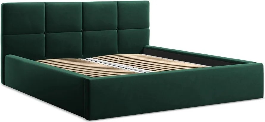 Tmavě zelená sametová čalouněná dvoulůžková postel s úložným prostorem s roštem 140x200 cm Hiko – Makamii