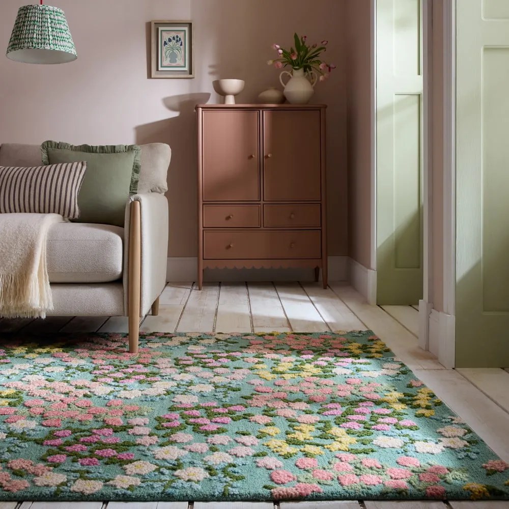 Ručně tkaný vlněný koberec v mentolové barvě 200x290 cm Emilia Floral – Flair Rugs
