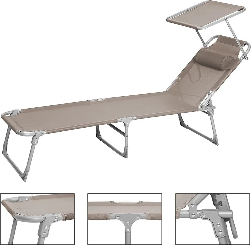 Zahradní lehátko LAGUNA s nastavitelnou clonou, 193x59x30cm, hnědošedá (taupe) SongmicsHome