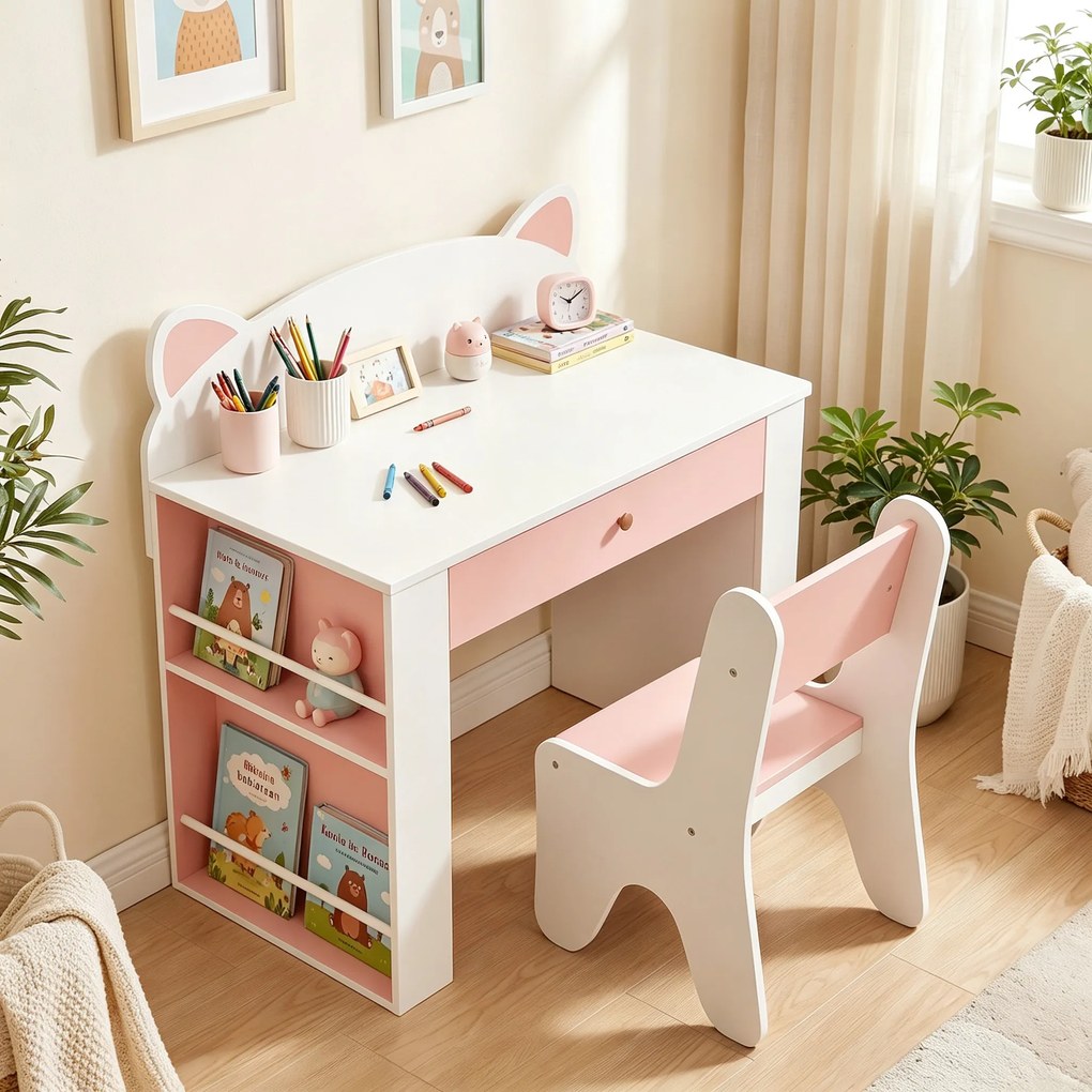 AIYAPLAY dětský stůl se židlí 2dílná dětská sezení s knihovnou a zásuvkou, design liška pro děti 3-8 let, bílo+růžové