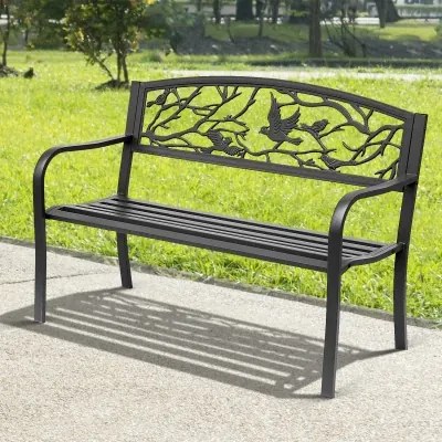 Zahradní lavička Outsunny, 3-místná lavička, terasa, rustikálně elegantní, 127D x 60Š x 85V cm, kov, epoxid, odolný proti korozi, černá