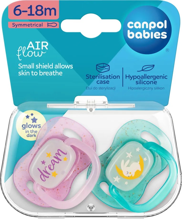 Canpol babies Dudlík svítící silikonový symetrický NIGHTGLOW 6-18m 2ks holka