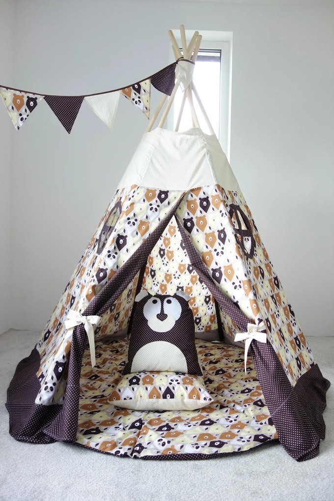 Teepee stan pro dvě děti Méďa béžovo hnědý - 160 cm