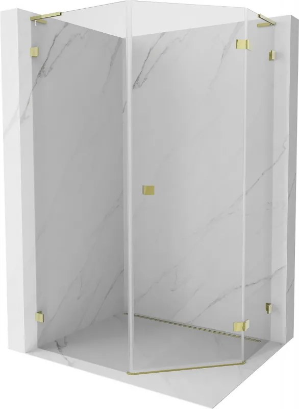 Mexen Lunar, L pravý výklopný pětiúhelníkový sprchový kout 90 x 100 cm, 8mm čiré sklo, zlatý profil, 831L-090P-100L-50-00-P