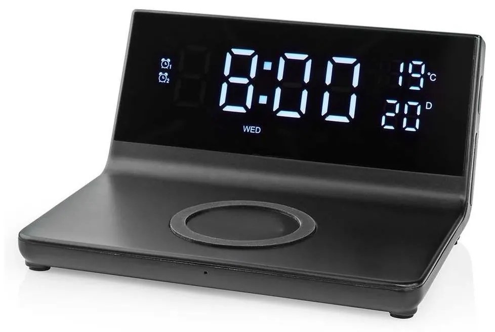 Nedis | Nedis WCACQ20BK - Budík s LCD displejem a bezdrátovou nabíječkou 15W/230V černá | NE0549