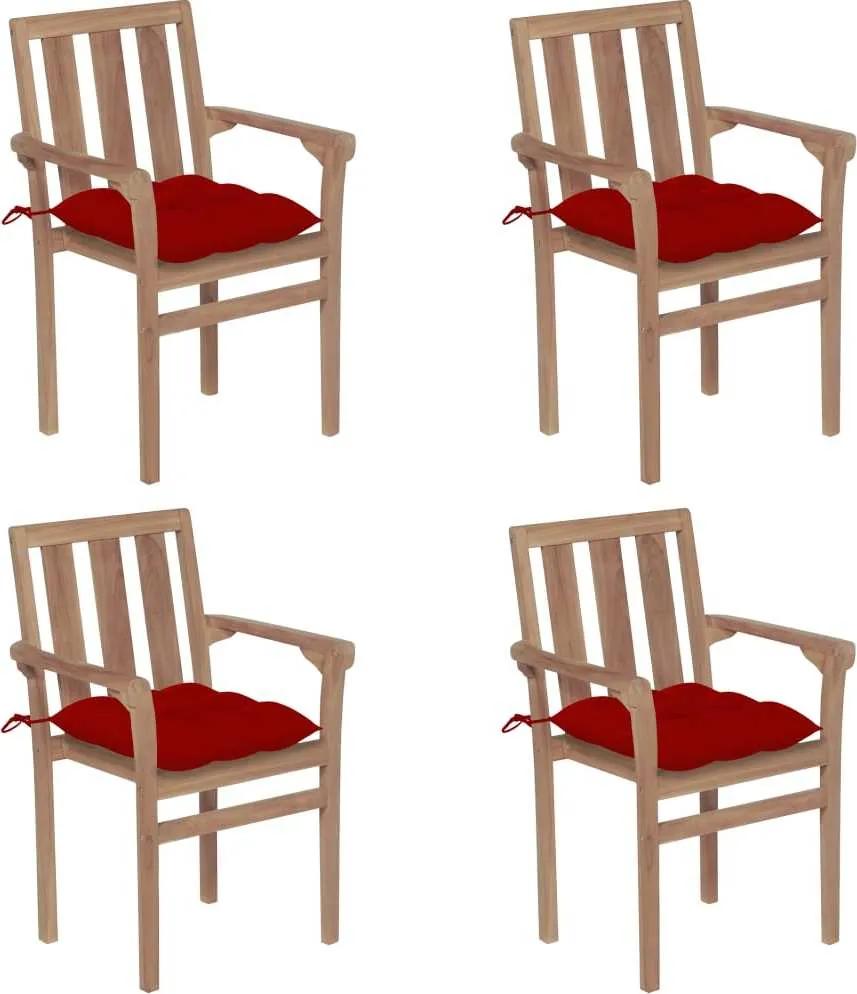 vidaXL Stohovatelné zahradní židle s poduškami 4 ks masivní teak [3073394] Barva: Červená