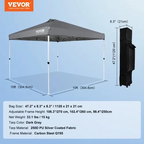 Párty stan Pop Up Canopy 3,05 × 3,05 m s přenosnou taškou pro kempování tmavě šedá