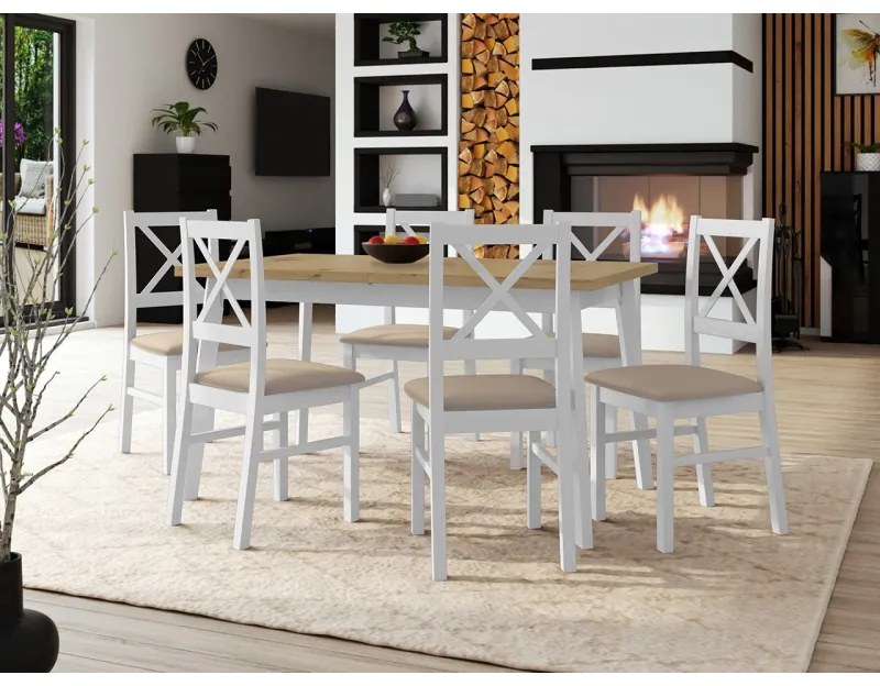 Stůl se 6 židlemi - AL43, Barva dřeva: dub grandson, Potah: 26x - Kronos 22, Barvy nožiček: Bíla