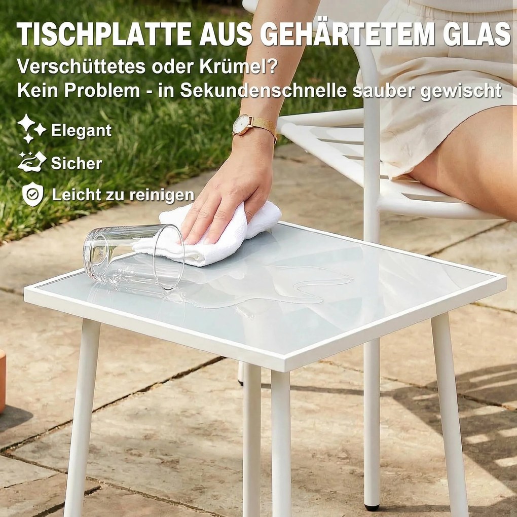 Outsunny Bistro set 3dílná sada kovového zahradního nábytku se 2 zahradními židlemi, skleněný stůl, lamelový design, odolný proti korozi
