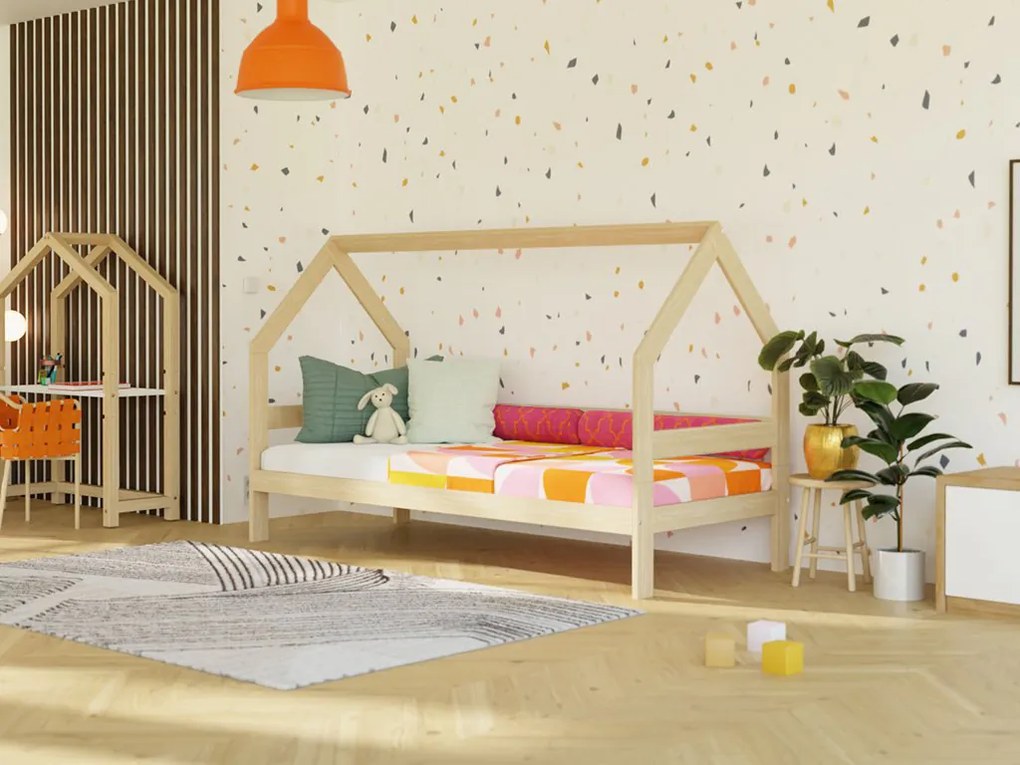 Benlemi Dětská dřevěná postel domeček SAFE 3v1 se zábranou Zvolte barvu: Béžová, Zvolte rozměr: 90x180 cm, Zvolte zábranu: S otevřeným vstupem