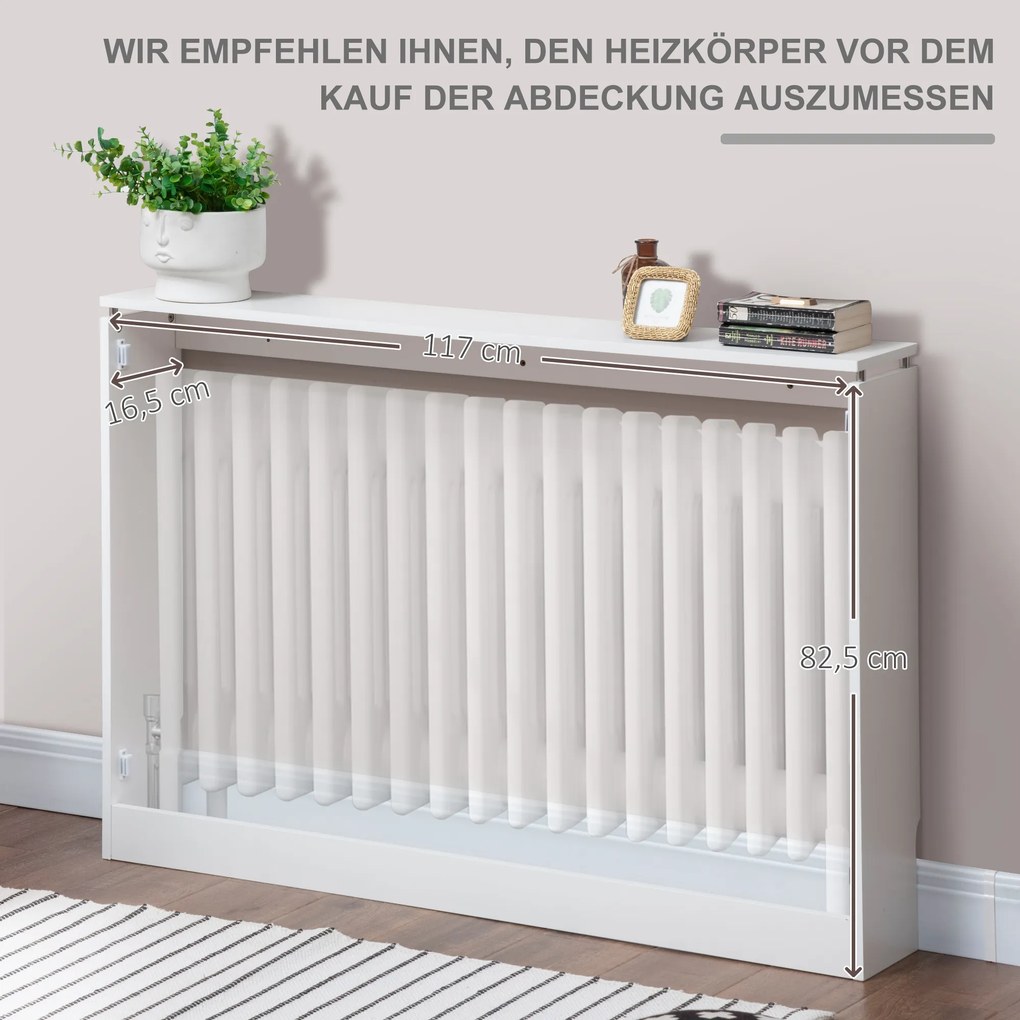 HOMCOM Moderní a Elegantní Kryt Radiátoru s Lamely pro Domov, MDF a Ocel, 120x18x84cm, Bílý