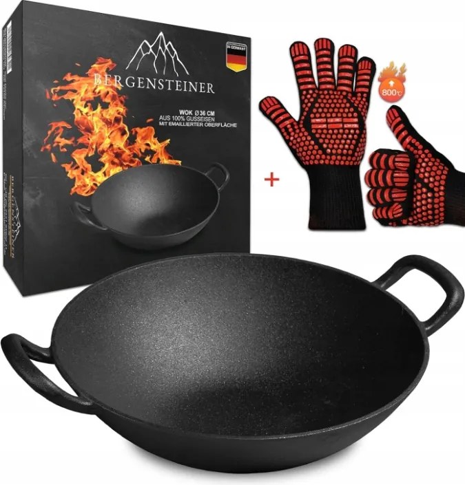 Wok Pánev Bergensteiner 100% Litinová 36 cm⌀ Na Grilování Rukavice