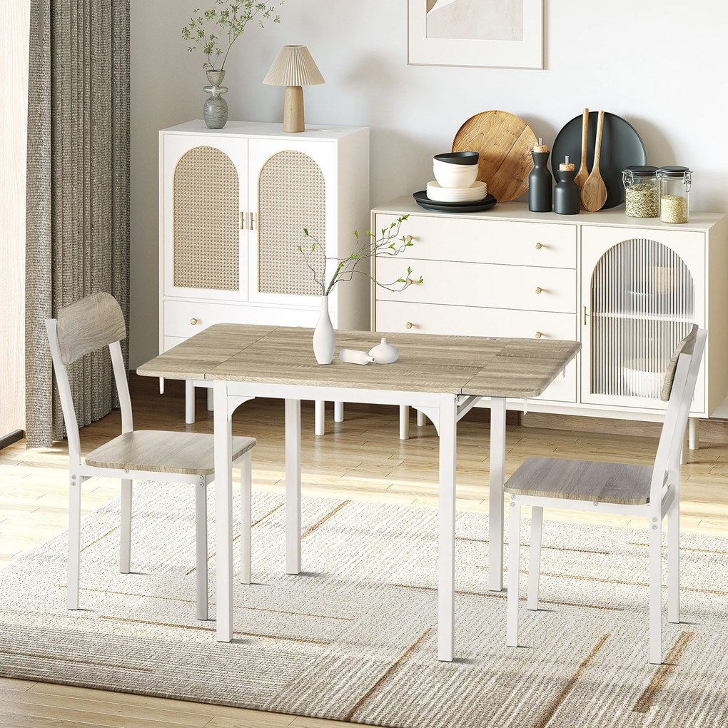 HOMCOM 3 TLG jídelní set se 2 židlemi a 1 stolem skládací deska 120 x 60 x 75 cm ocel MDF přírodní bílá ideální do kuchyně a jídelny