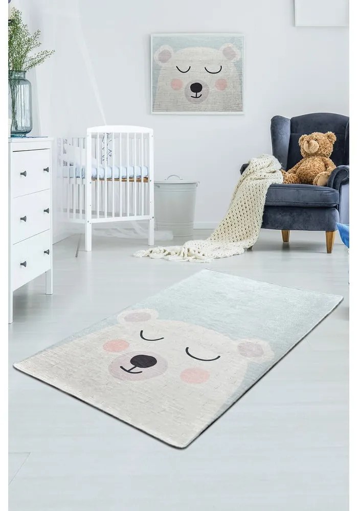 Bílo-modrý dětský protiskluzový koberec Chilai Baby Bear, 100 x 160 cm