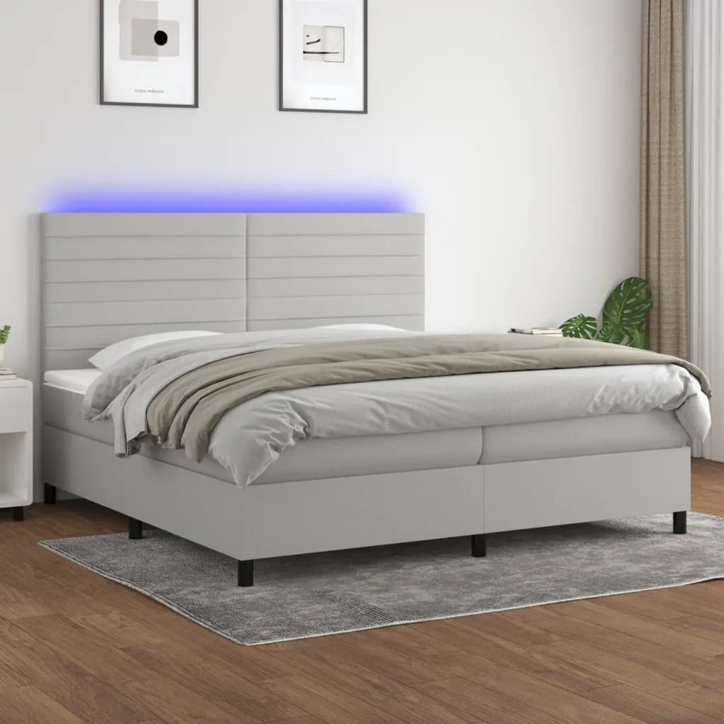Box spring postel s matrací a LED světle šedá 200x200 cm textil
