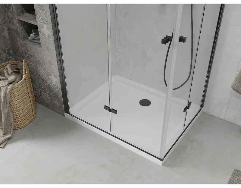 Mexen Lima Duo, sprchový kout s 2-křídlými skládacími dveřmi 90 (dveře) x 80 (dveře) cm, 6mm čiré sklo, černý profil + slim sprchová vanička 5cm bílá s černým sifonem, 856-090-080-70-02