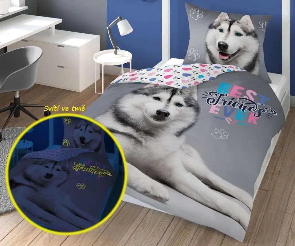 DETEXPOL Svítící povlečení pes Husky  Bavlna, 140/200, 70/80 cm