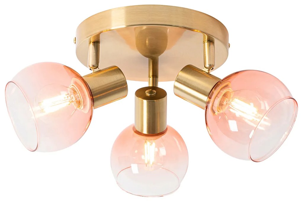 Art Deco stropní svítidlo zlaté s růžovým sklem, 3 světla - Vidro