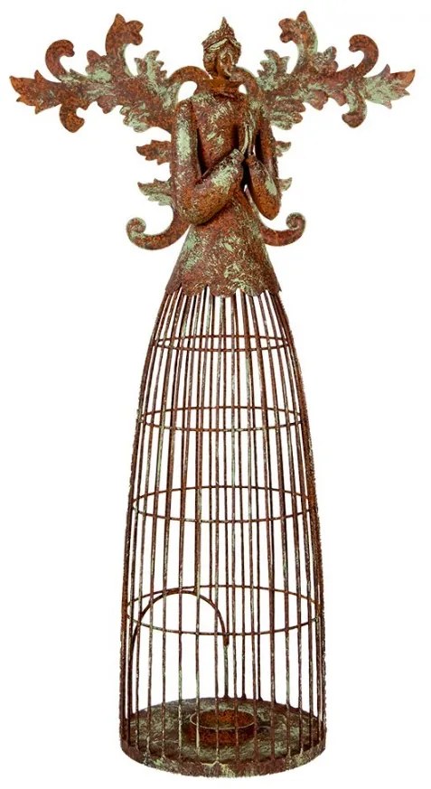 Rezavo-zelený dekorační svícen anděl Aniel Brocante - 29*17*58 cm