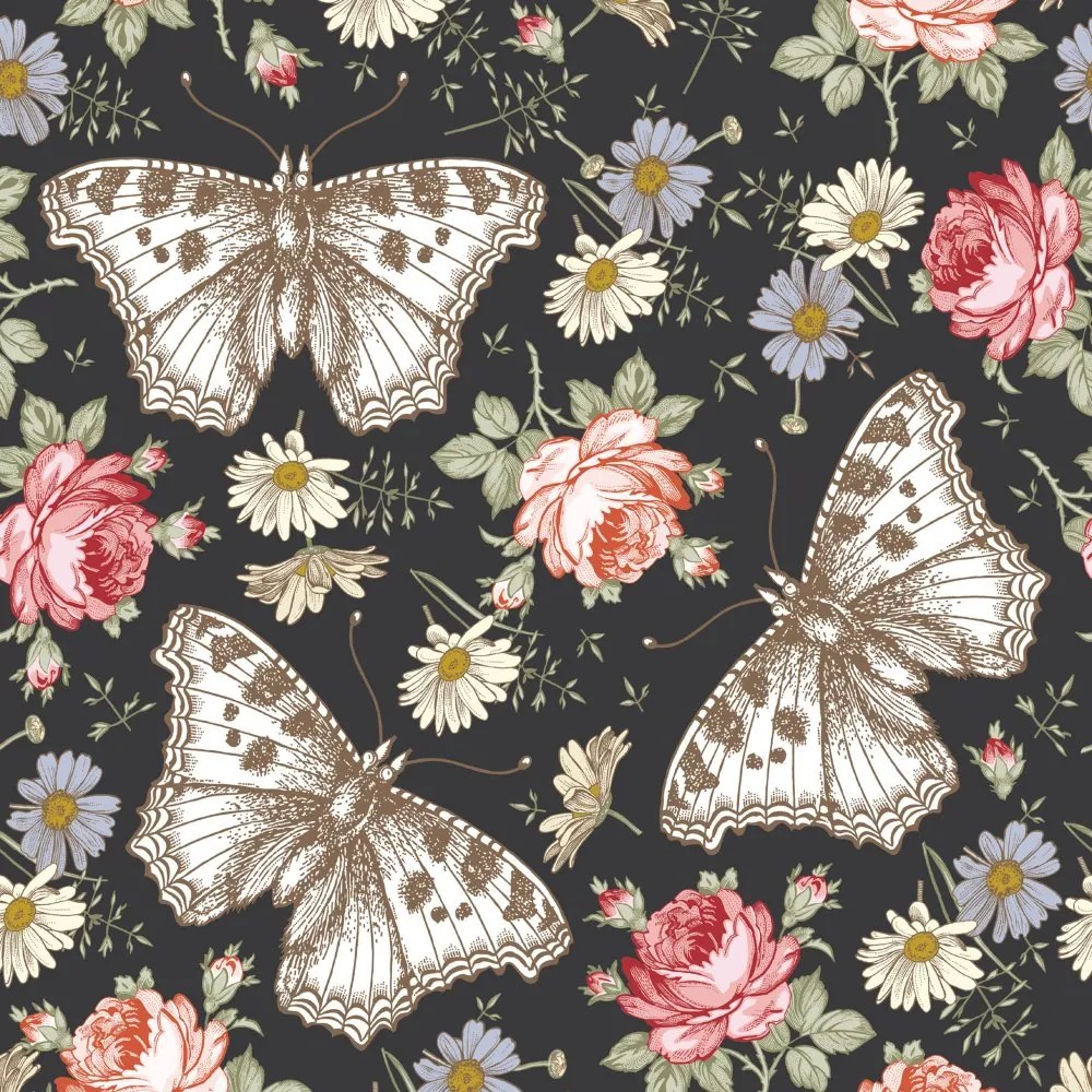 Tapeta Na Zeď V Předsíni Motýli, Růže, Květiny, Listy Vliesová tapeta 53x1000
