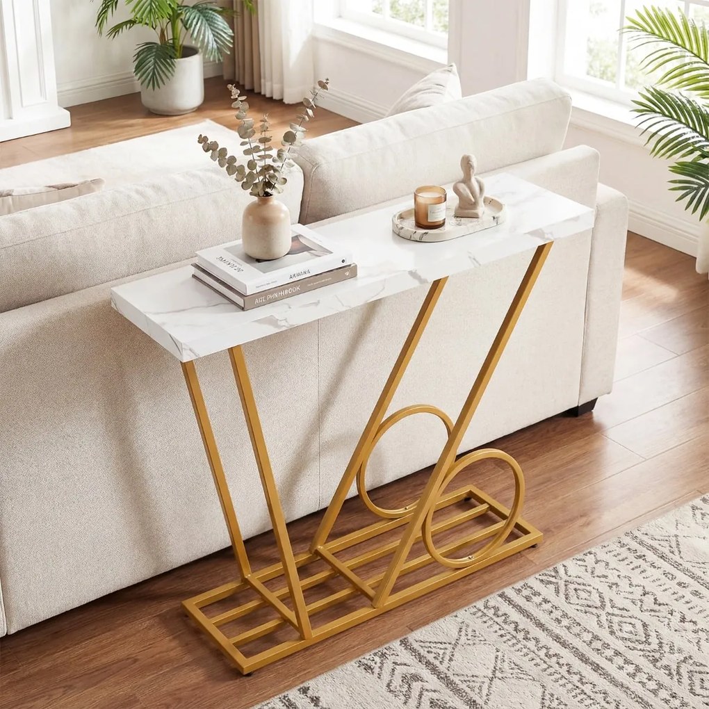 Costway Konzolový stolek 100 cm moderní s mramorovým vzhledem a bílým designem
