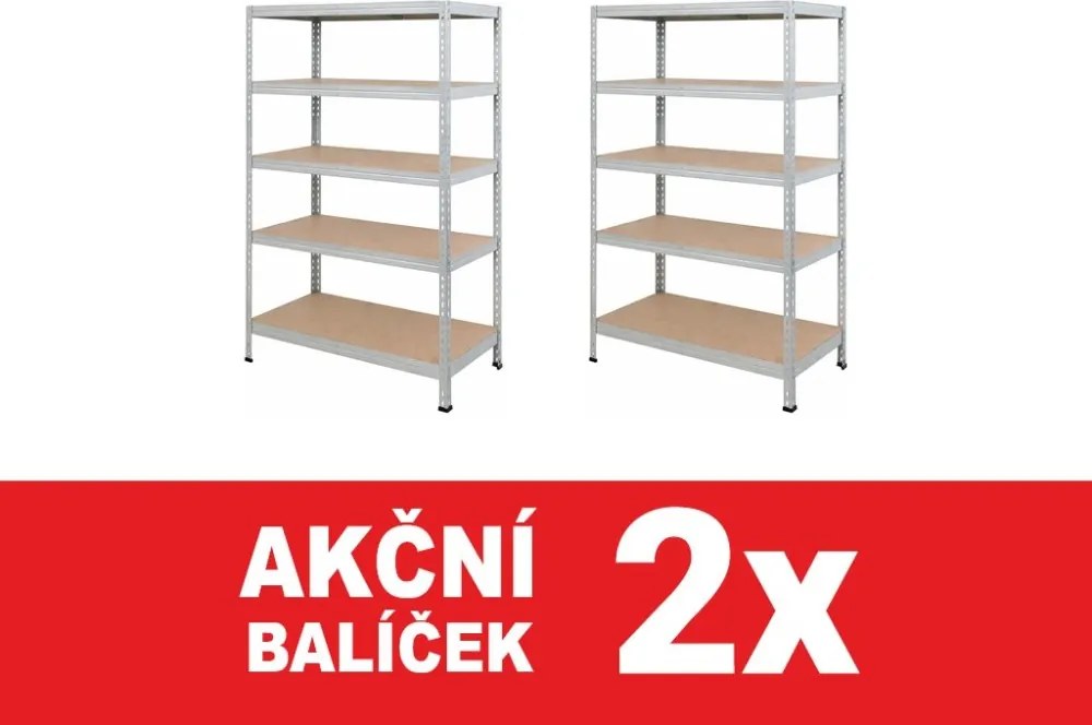 Akce 2x Regál 183x90x40 cm zinkovaný 5-policový, nosnost 1000 kg, RIVET