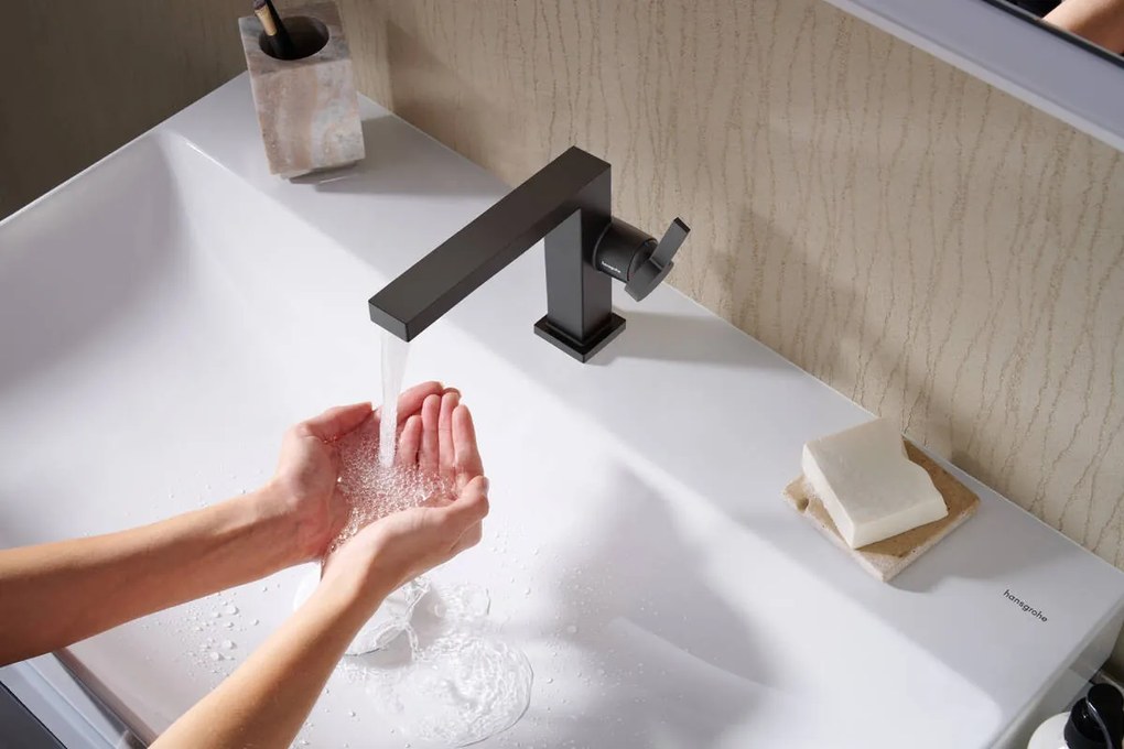 Hansgrohe Tecturis E, páková umyvadlová baterie 110 Fine CoolStart EcoSmart+ s odtokovou garniturou Push-Open, černá matná, HAN-73020670