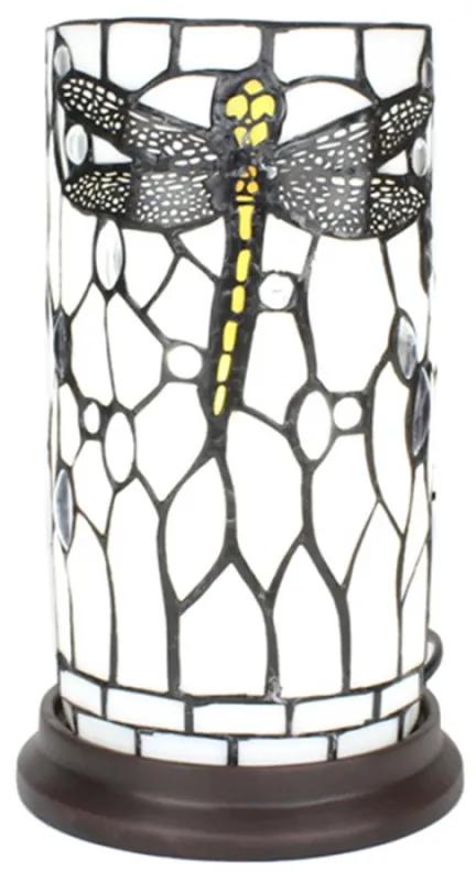 Bílá válcovitá stolní lampa Tiffany s vážkou DragonFly – 15x26 cm