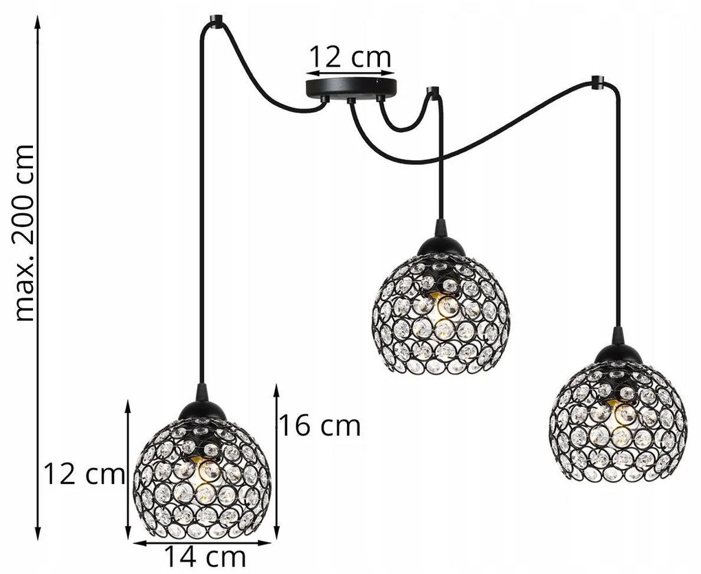 Závěsné svítidlo CRYSTAL SPIDER, 3x černé křišťálové stínítko