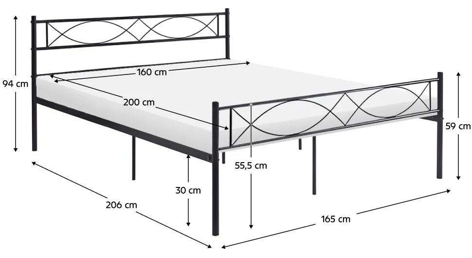 Kondela Kovová postel s roštem, 160x200, černá, STELVIA