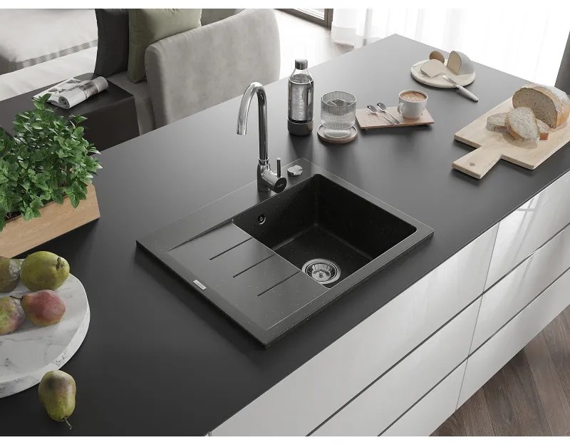 Mexen Ben, 1-komorový granitový dřez 600x500x190 mm, pravý + chromový sifon, černá-zlatá metalíza, 6523605000-75