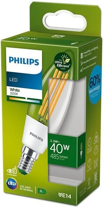 Philips 8719514435759 led filamentová žárovka 1x2,3w/40w | e14 | 485lm | 3000k - čirá, ultra efficient