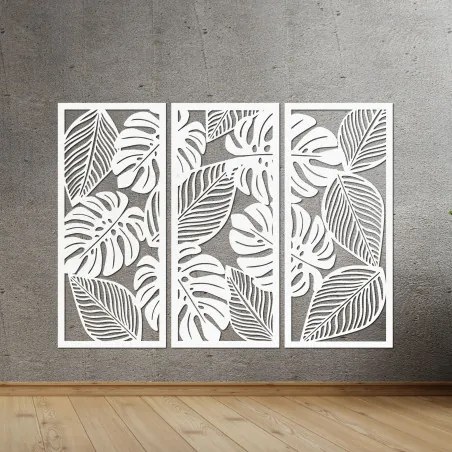 Dřevěný trojdílný obraz monstera – Dekorace do interiéru | SENTOP PR0523