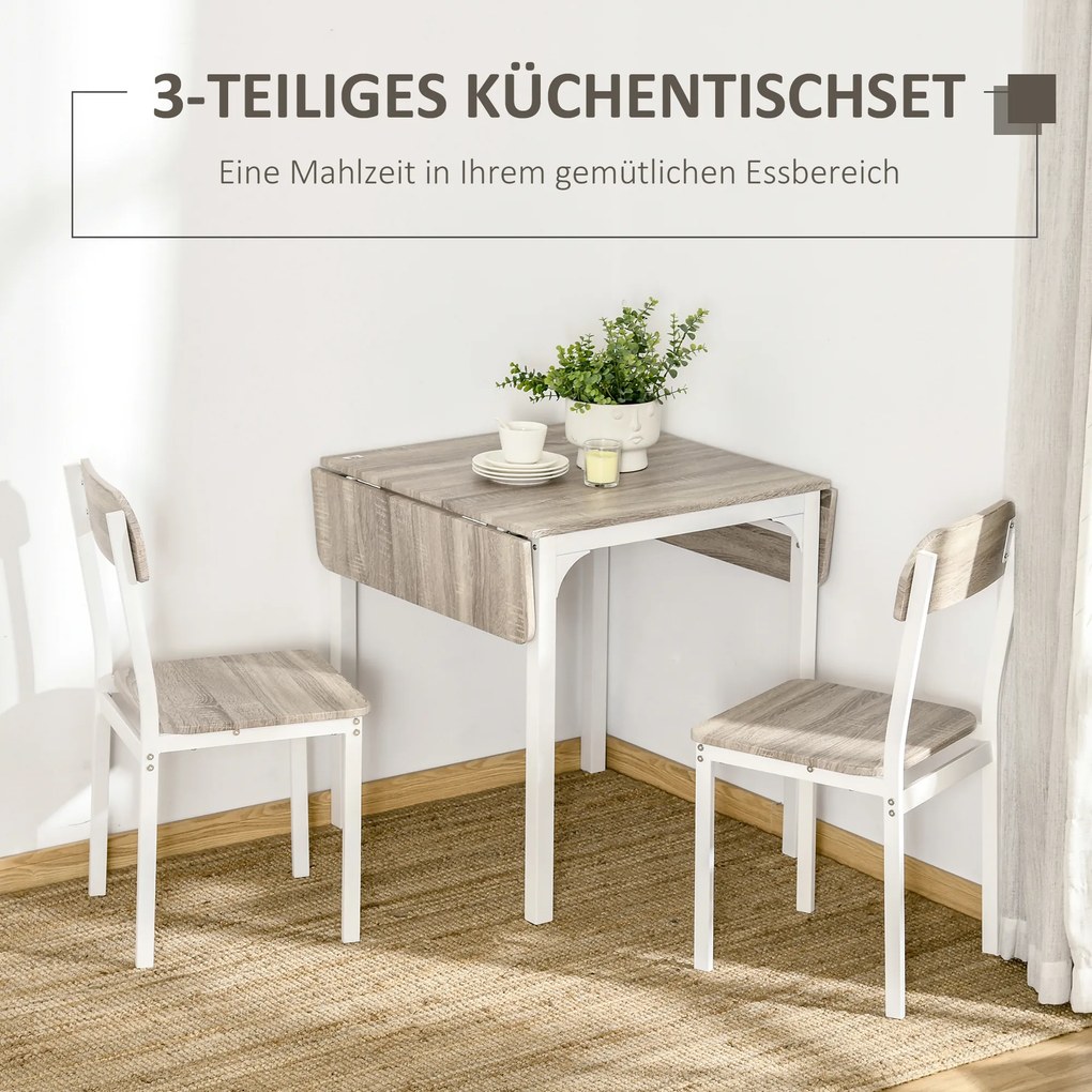 HOMCOM 3 TLG jídelní set se 2 židlemi a 1 stolem skládací deska 120 x 60 x 75 cm ocel MDF přírodní bílá ideální do kuchyně a jídelny