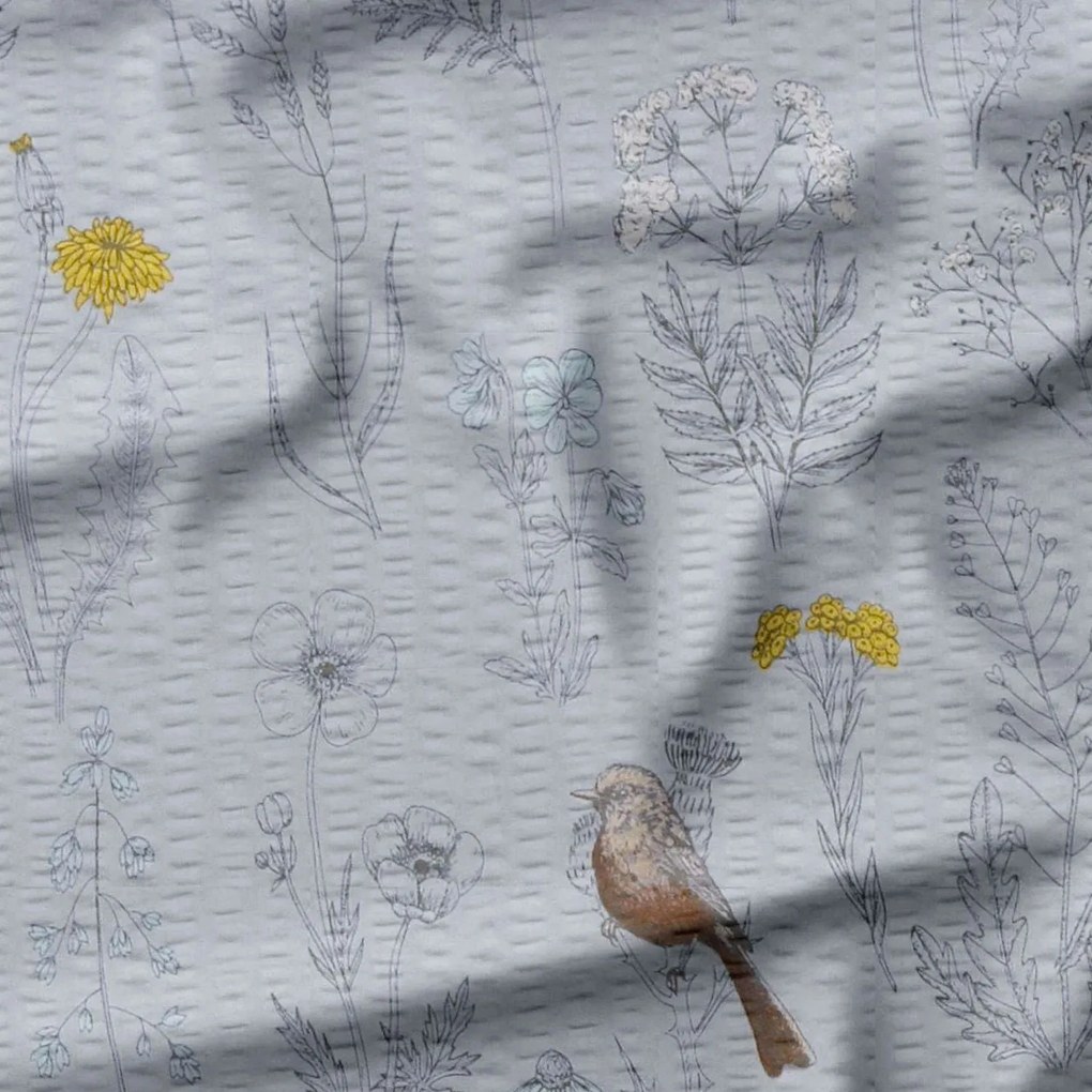 Krepové povlečení Ptáčci v kvítí - světle modré Velikost: 140 x 200 + 70 x 90