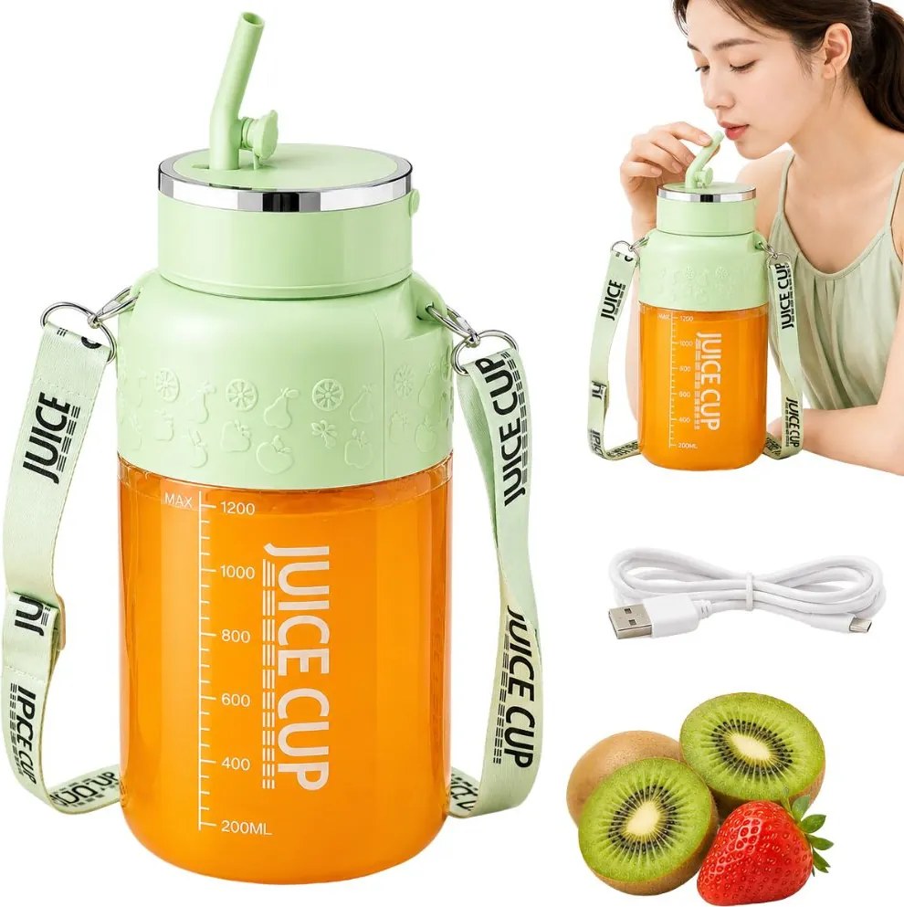 Verk Group Láhev s mixérem usb 1200 ml, hrnek na smoothie, šejker se slámkou a páskem