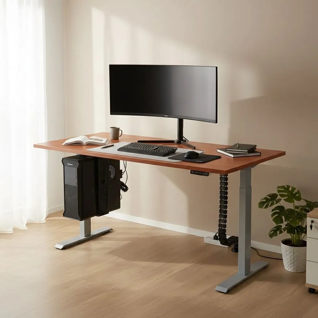Výškově nastavitelný stůl OfficeTech A, 160 x 80 cm, šedá podnož, třešeň