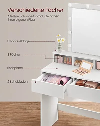 Toaletní kosmetický stolek s LED osvětlením, bílý RDT114WB01