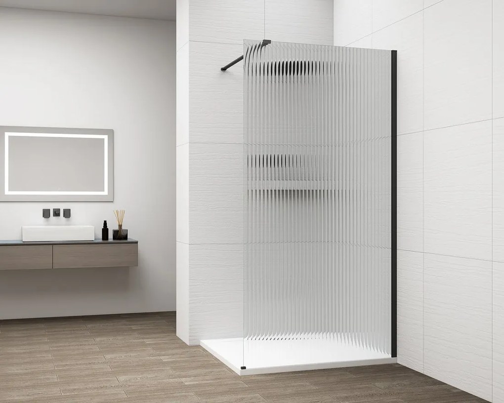 Polysan ESCA BLACK MATT sprchová zástěna 100 x 210 cm jednodílná k instalaci ke stěně černá sklo flute vlnky ES1310-02
