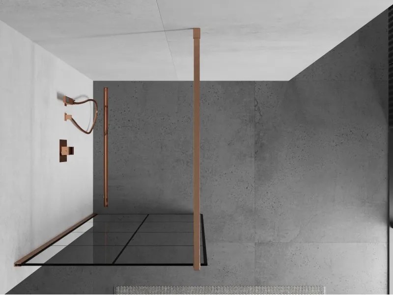 Mexen Kioto, sprchová zástěna Walk-In 90 x 200 cm, 8mm čiré sklo černý vzor, měděný matný profil, 800-090-101-65-77