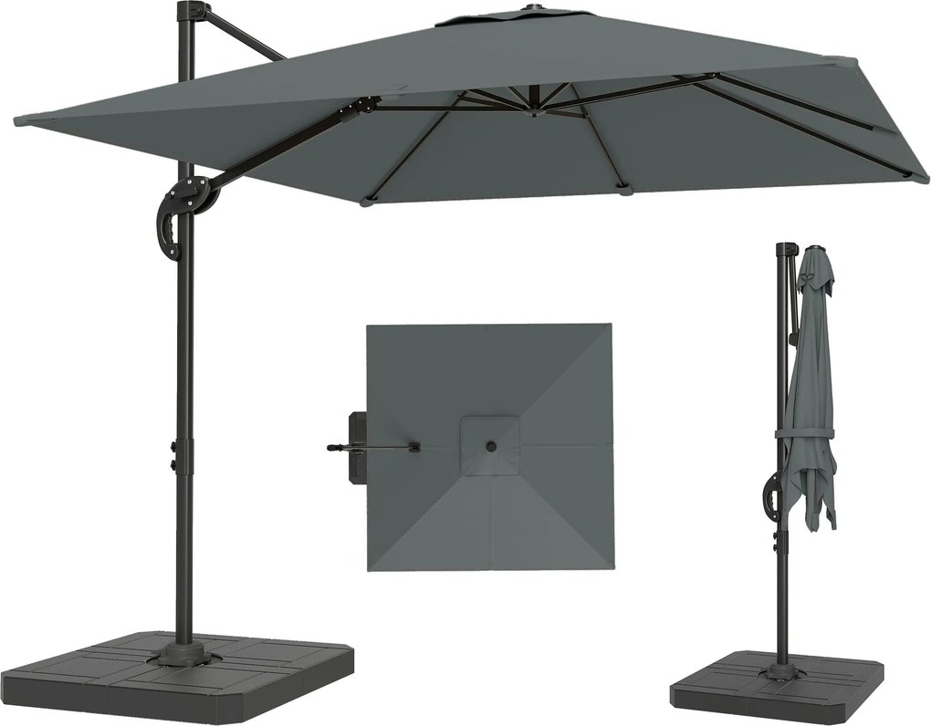 Outsunny hliníkový boční slunečník Ø244 cm s klikou, náplňovými zátěžemi, voděodolný, otočný 360°, nastavitelný – tmavě šedý | Aosom