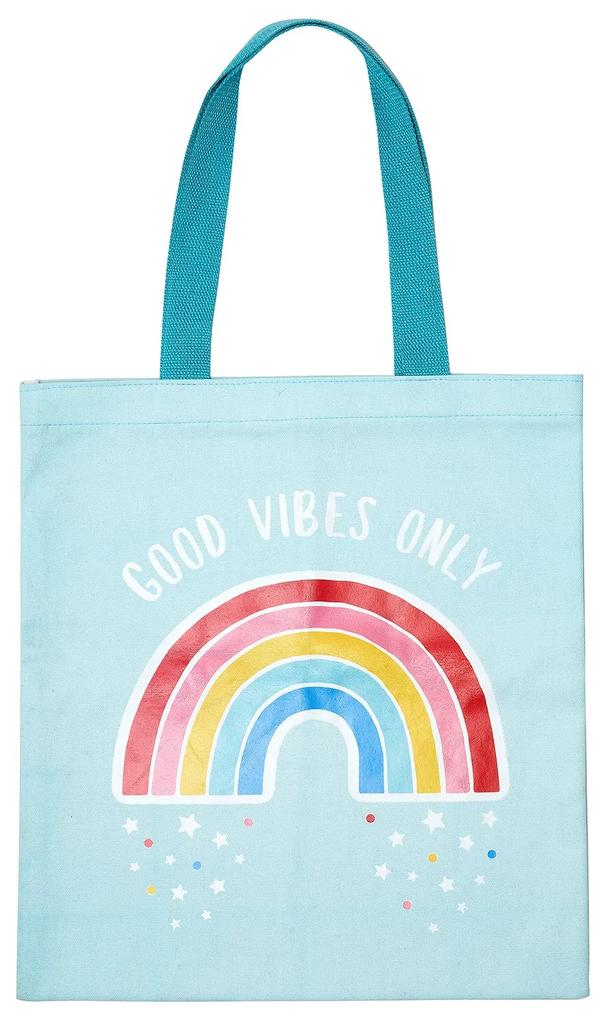 Sass & Belle Modrá nákupní taška s motivem duhy a nápisem Good Vibes Only