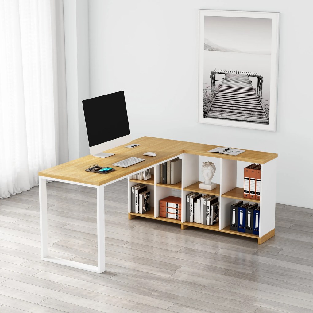 Rohový kancelářský stůl s regálem Houseland Nuvia Home 02 160 cm dub/bílý
