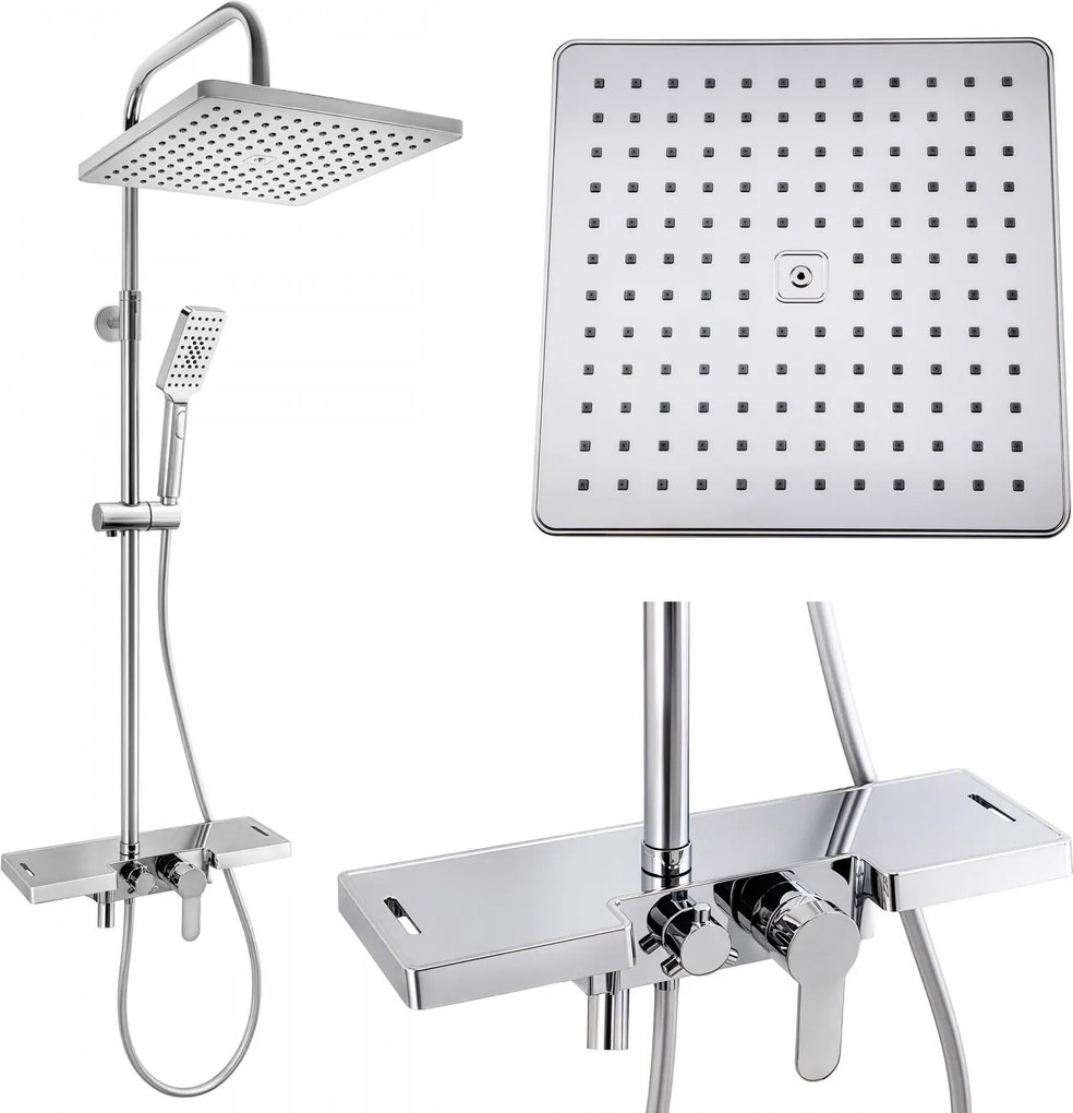 Erga Oslo, sprchový set s baterií, poličkou, výtokem a hlavovou sprchou 30×30 cm, chromová, ERG-YKA-BP.OSLO-30-CHR