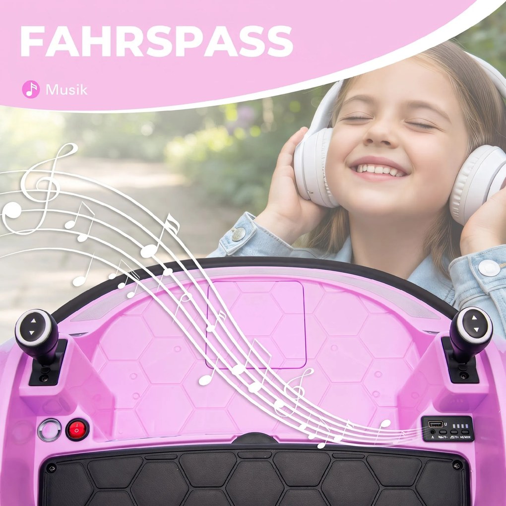 AIYAPLAY Autodráha, 360° rotace, rychlost 2 km/h, bezpečnostní pás, LED světla, hudba a klakson, růžová