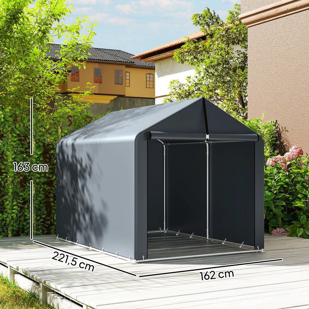 Outsunny 1,62 × 2,22 m voděodolný zahradní úložný stan s rolovacími zipovými dveřmi, sedlová střecha, ocelový rám, UV-odolný — tmavě šedý